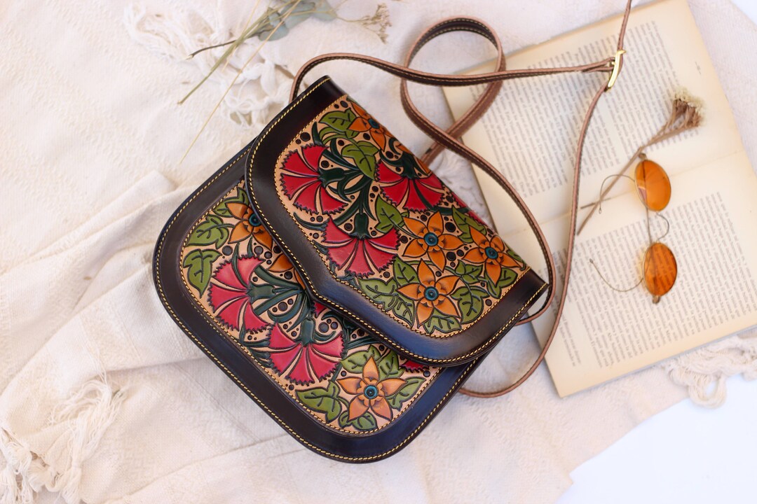 Hand Painted Leather Handbag, Tooled Leather Bag, Genuine Full Grain ...