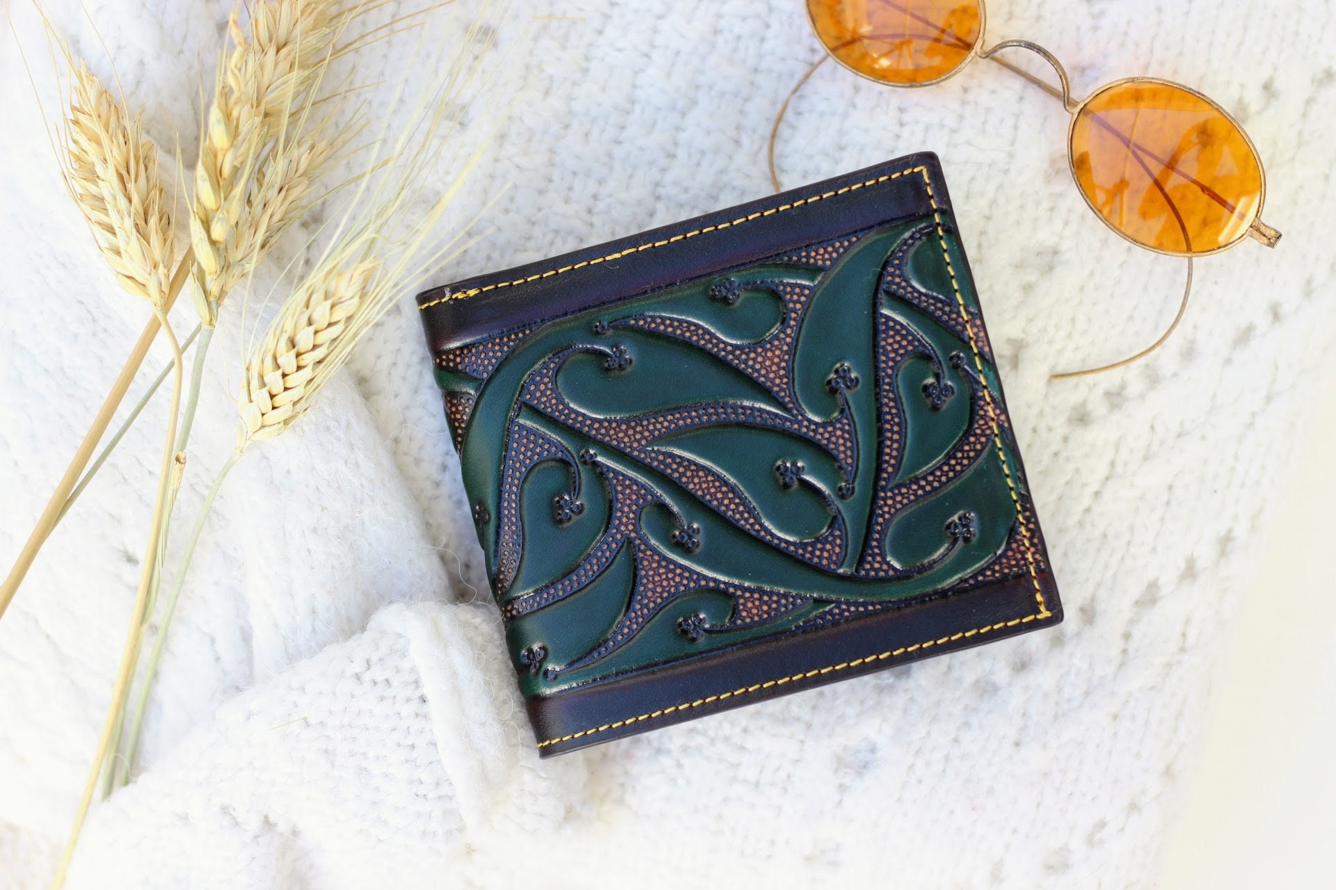 Bifold Wallet Men Botanical Lover Gift Hand Painted Leather - Etsy