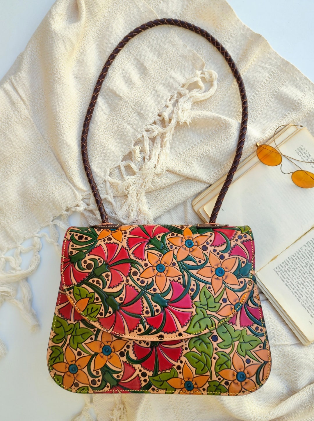 Women's Braided Leather Shoulder Bag, Vintage Tooled Leather Shoulder ...