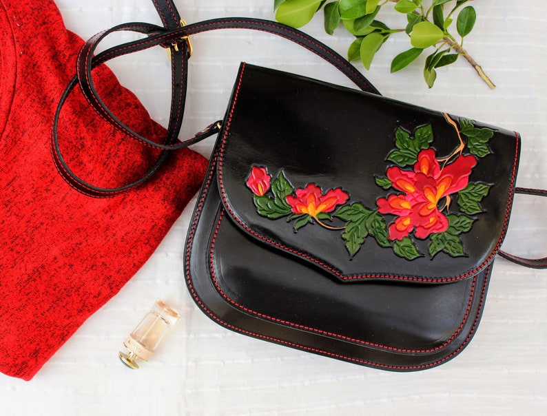 Leather Purse With Flowers Womens Leather Handbag Black | Etsy
