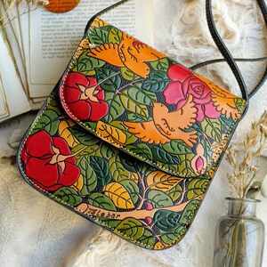 Leaves Patterned Tooled Leather Purse, Unique Patterned Mini Crossbody ...