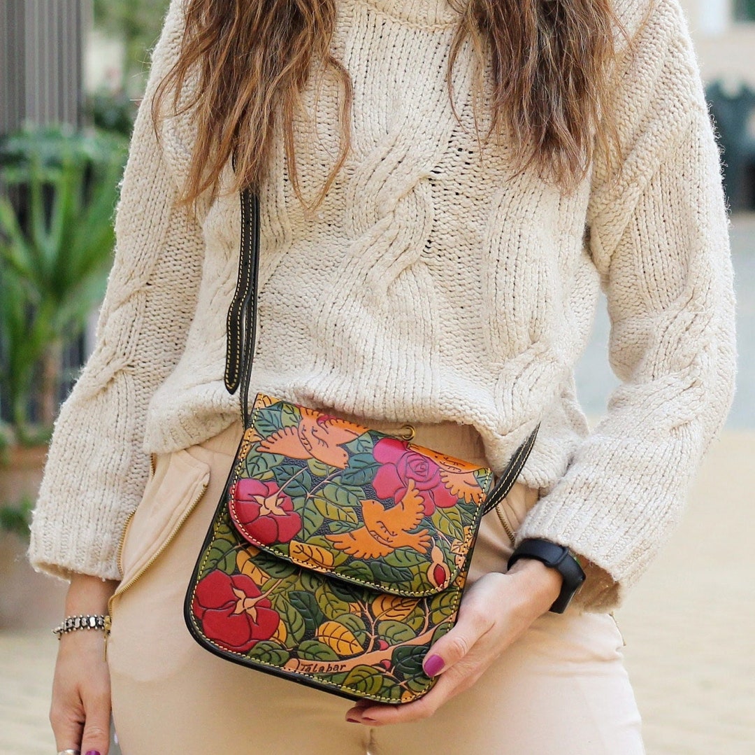 Leaves Patterned Tooled Leather Purse, Unique Patterned Mini Crossbody ...