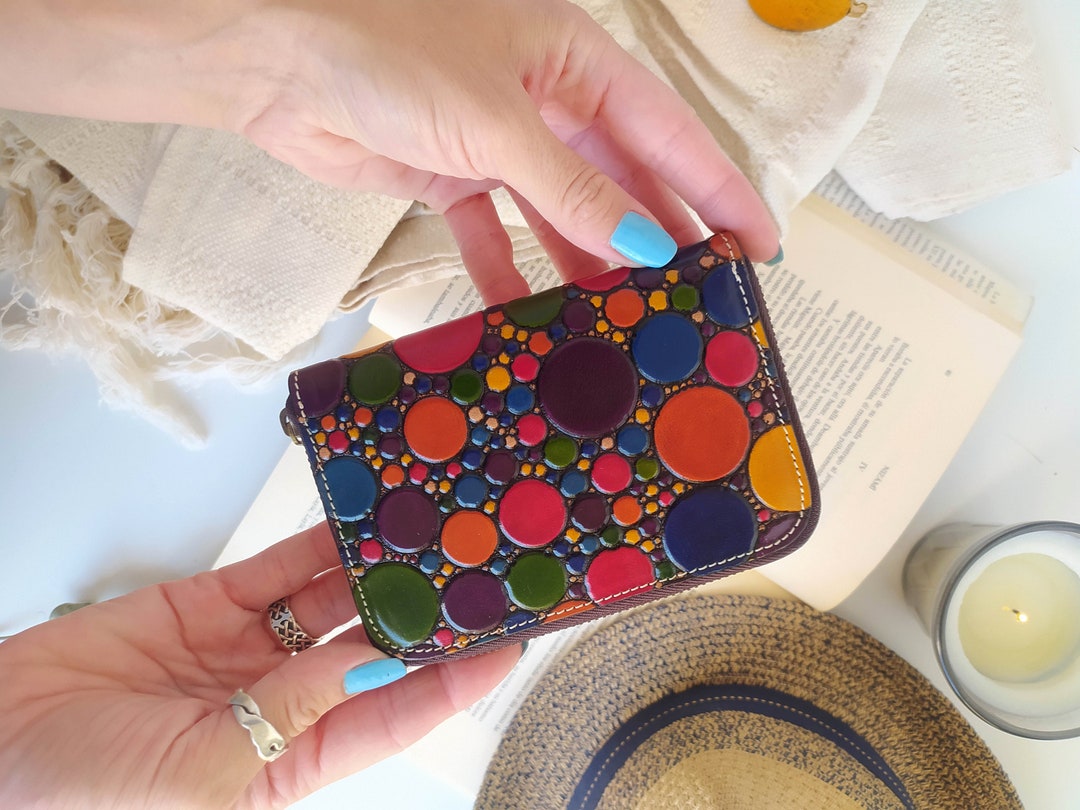 Colorful Leather Wallet Women, Handmade Carved Leather Woman Wallet ...