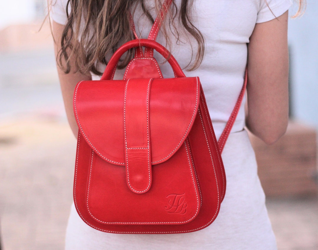 Handmade Red Leather Backpack With Magnetic Snap Closure and Adjustable ...