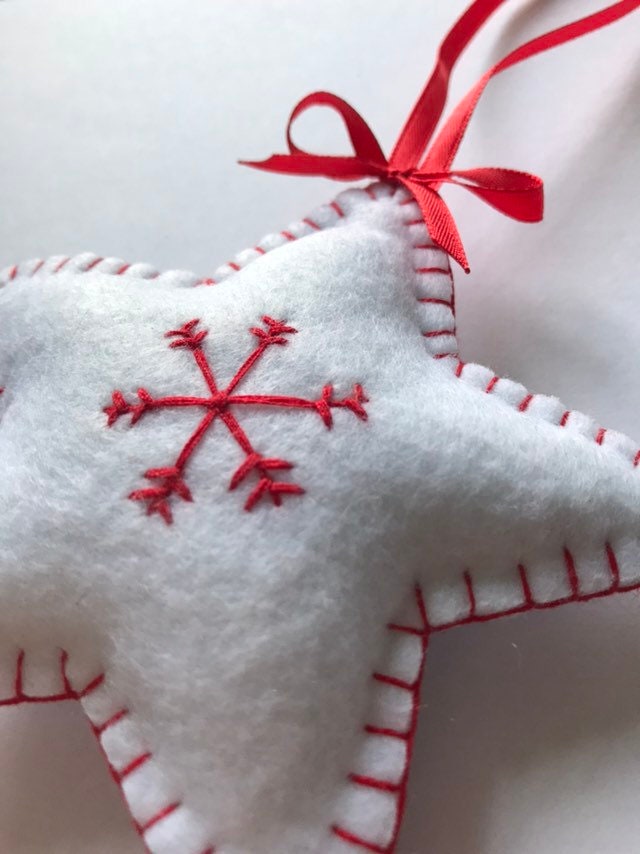 Christmas Star Decoration Felt With Embroidery in Red Handmade - Etsy