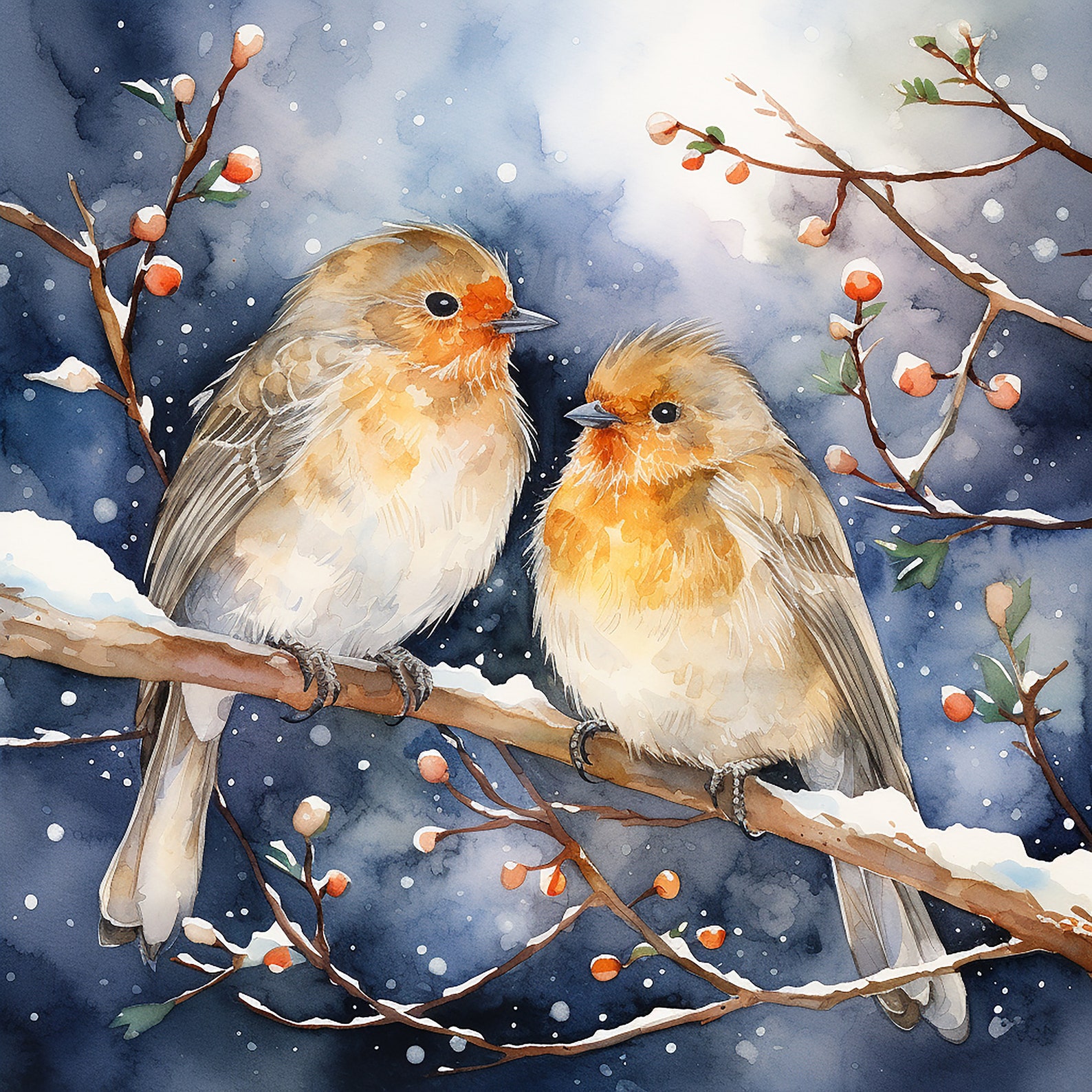 Watercolor Painting: Two Birds on a Winter Branch – a Romantic Couple ...