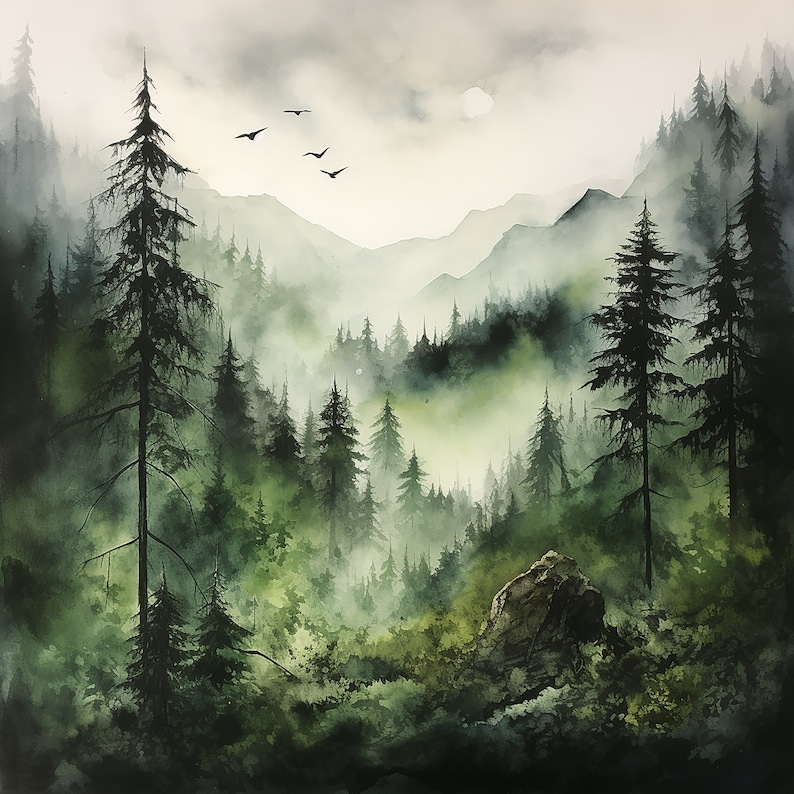 Home Decor, Wall Art, Digital Printing. Watercolor Landscape, Dramatic ...