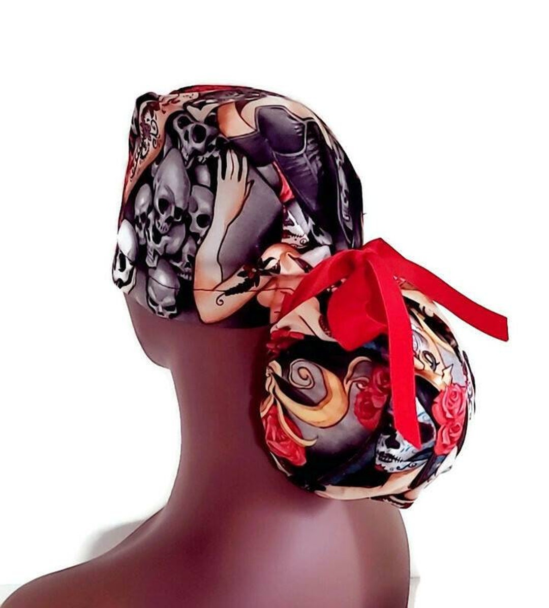 Ponytail Scrub Cap- Gothic Scrub Cap-surgical Hat-skull Tattooed Girl's ...