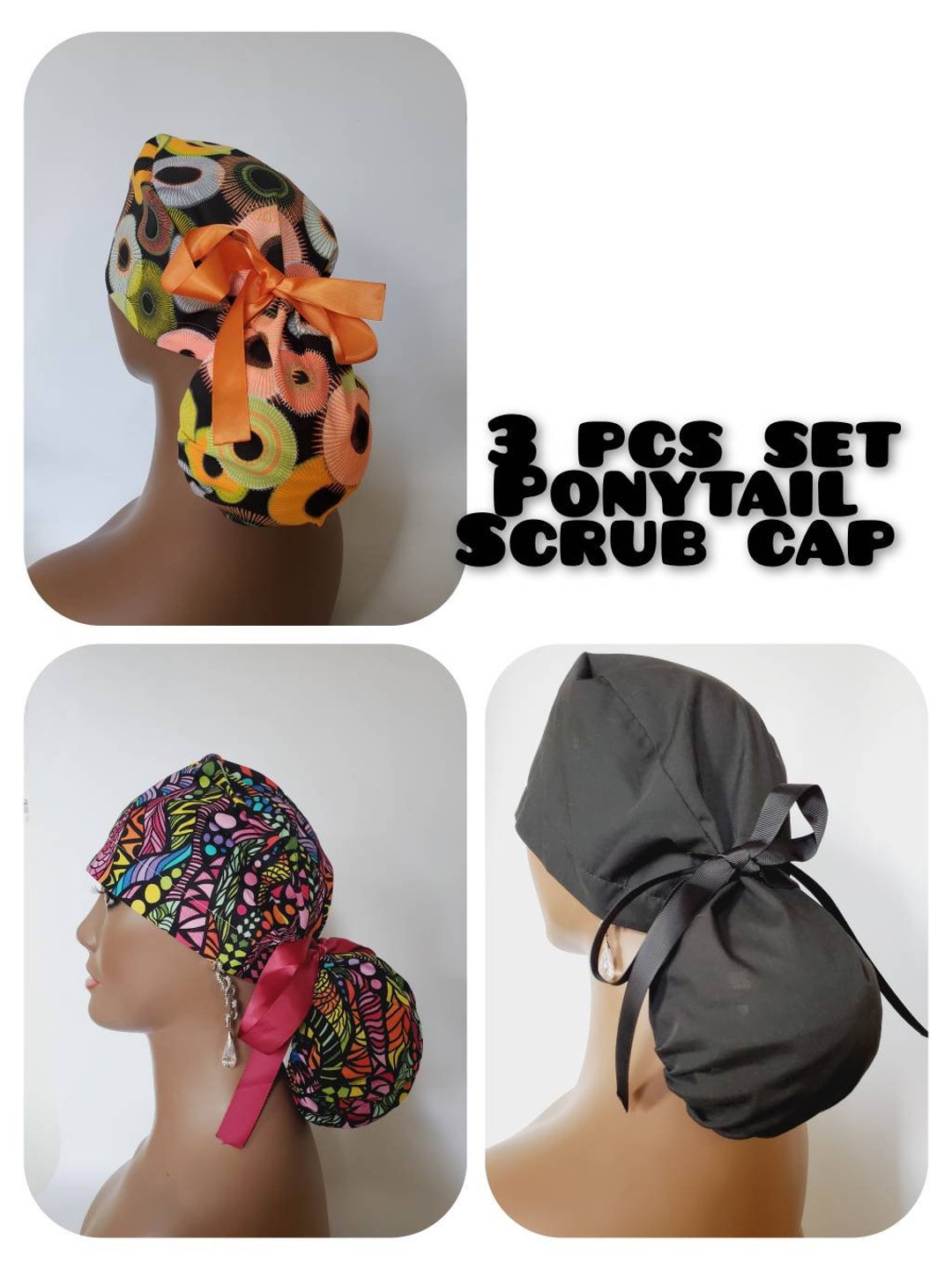 3 Pcs Ponytail Scrub Caps.black Scrub Hat. Ponytail Scrub Cap. - Etsy
