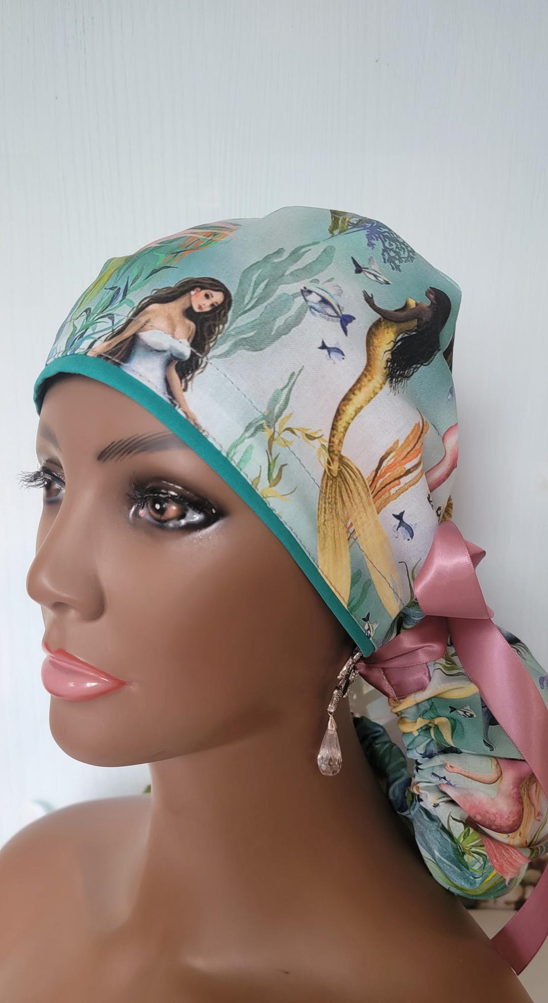 Mermaid Scrub Hat. Operating Room Scrub Caps, Blue Floral Ponytail ...