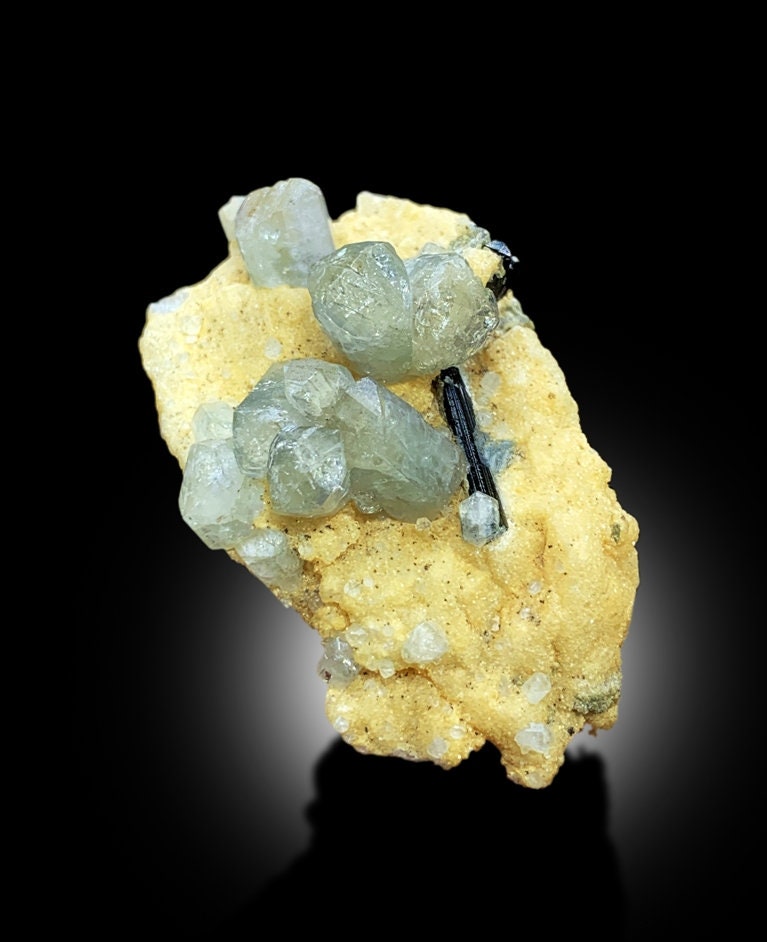 Green Herderite Crystals With Schorl on Matrix, Herderite Specimen ...