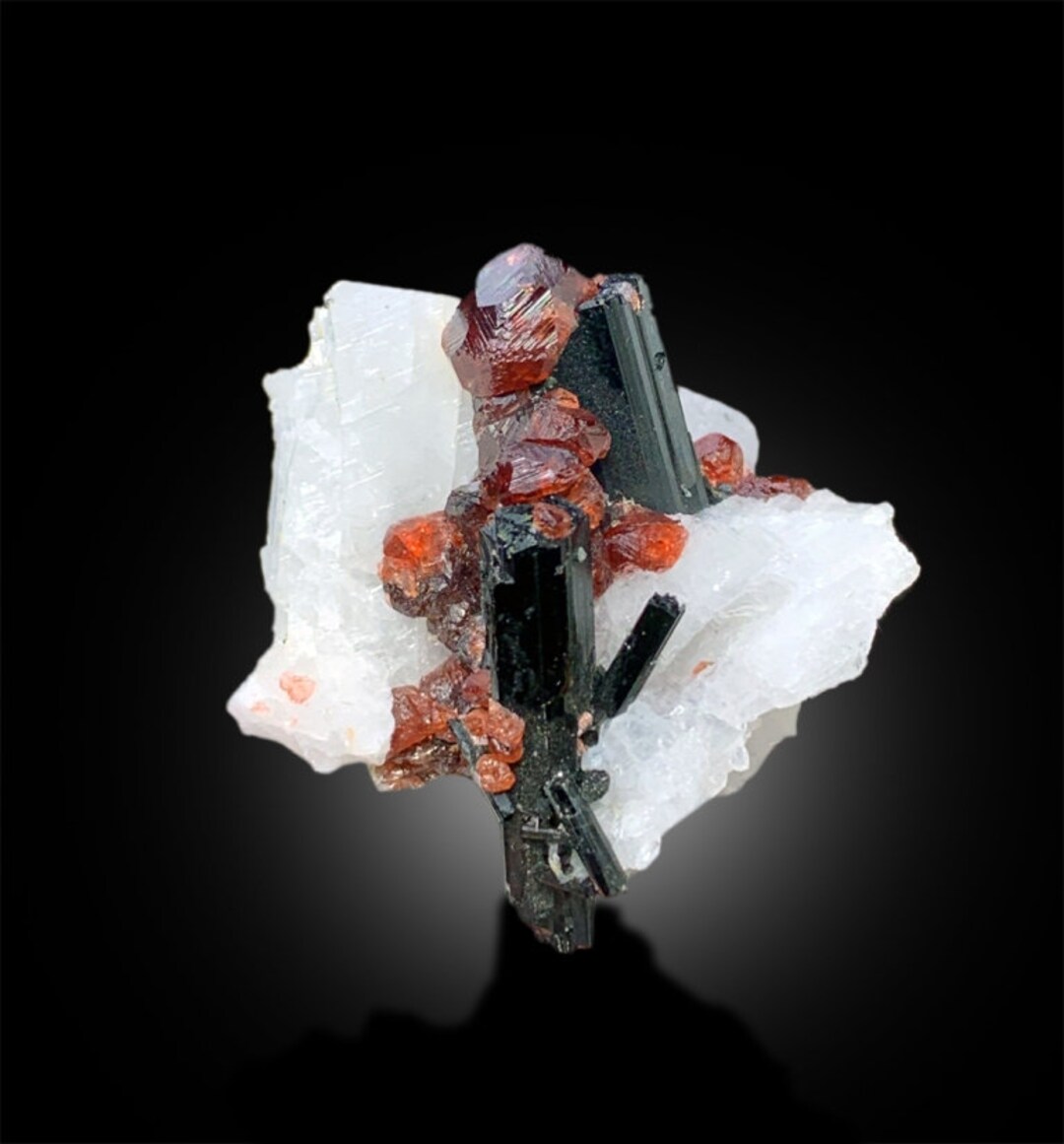 Red Garnet Crystals, Schorl Tourmaline on Feldspar, Spessartite Garnet ...