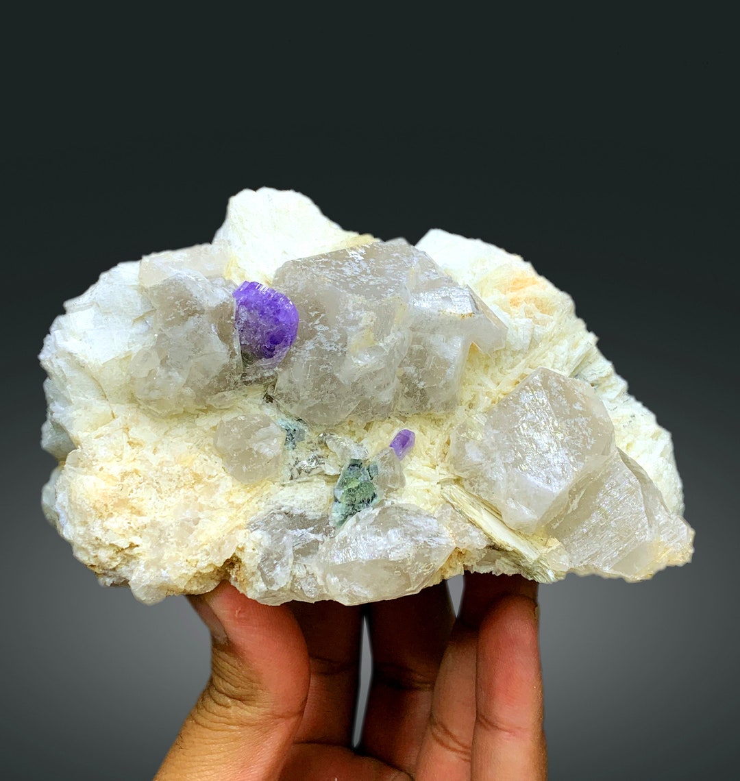 Natural Purple Color Apatite Crystals With Quartz and Albite, Apatite ...