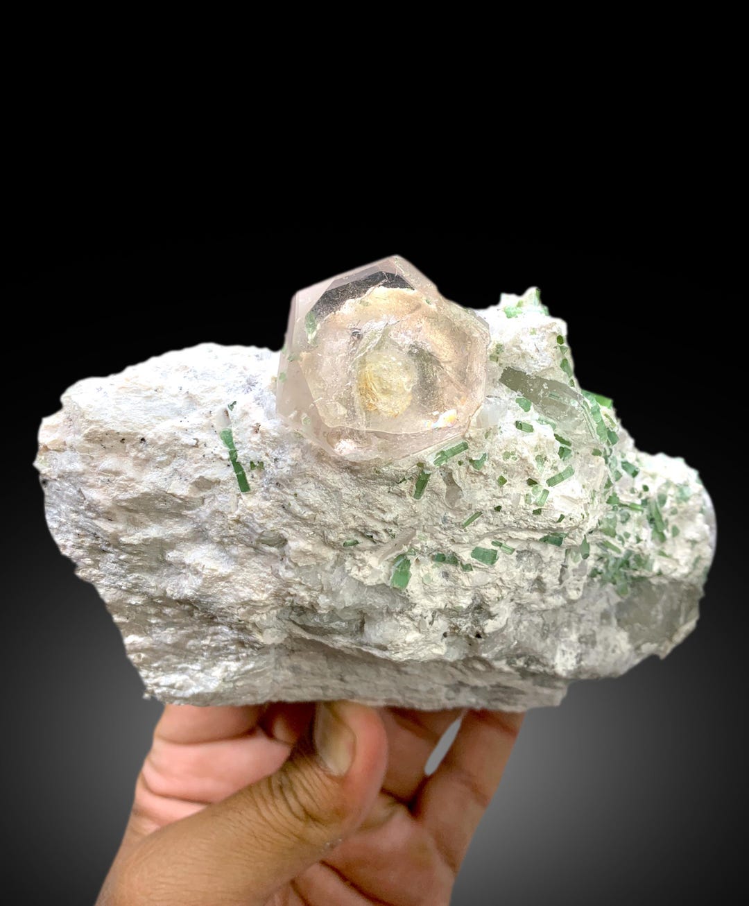 Transparent Peach Pink Color Morganite With Green Tourmalines on Matrix ...