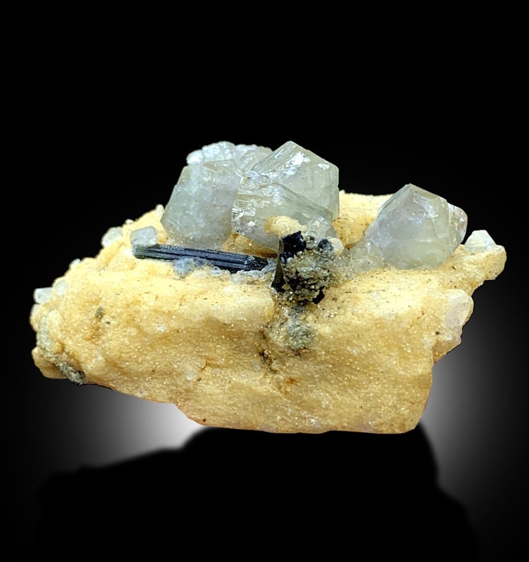 Green Herderite Crystals With Schorl on Matrix, Herderite Specimen ...