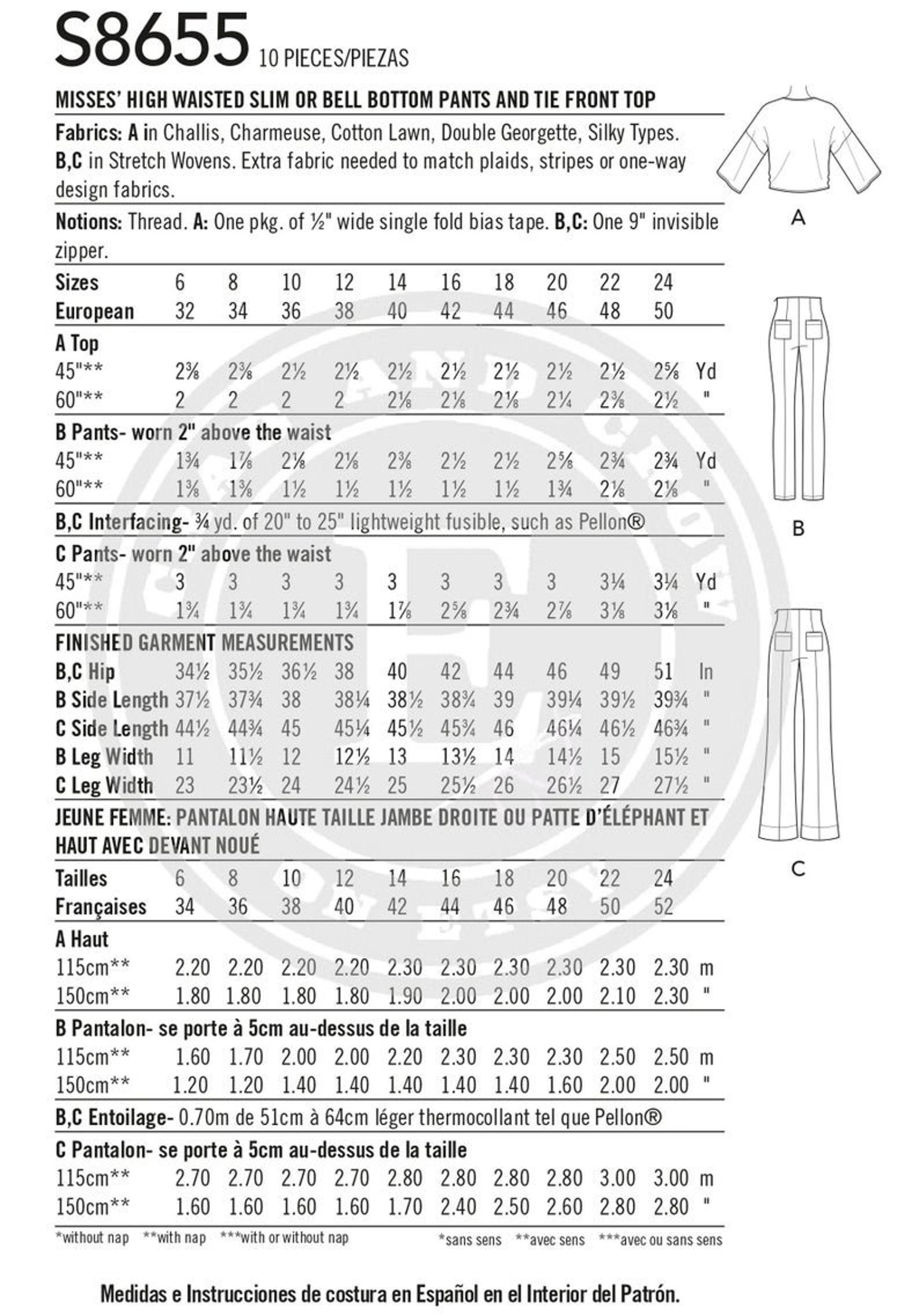 Misses' High-waisted Slim or Bell Bottom Pants and Tie Front Top by ...