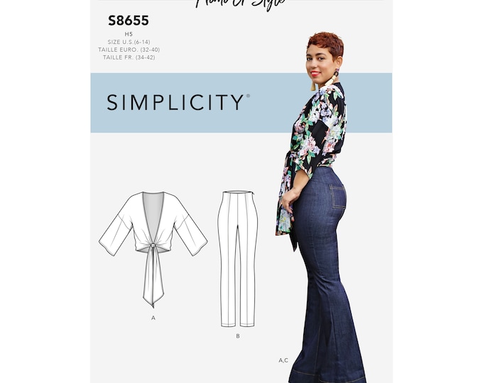 Misses' High-waisted Slim or Bell Bottom Pants and Tie Front Top by ...