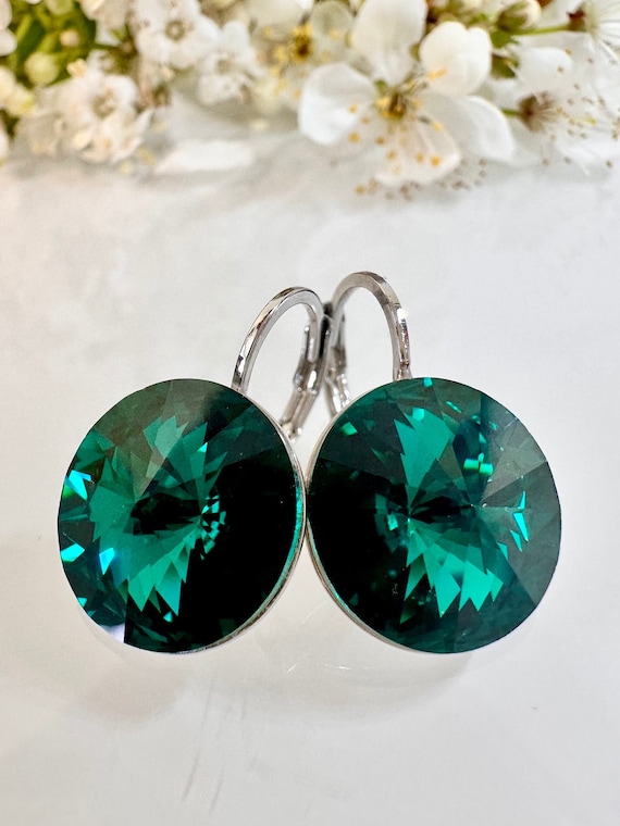 Swarovski crystal earrings Handmade Earrings Crystal earrings Leverback earrings Made from Genuine Swarovski Emerald Green 14mm