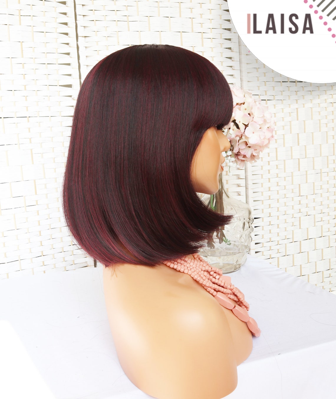 12 inch Burgundy blend non lace wig with bangs | Etsy