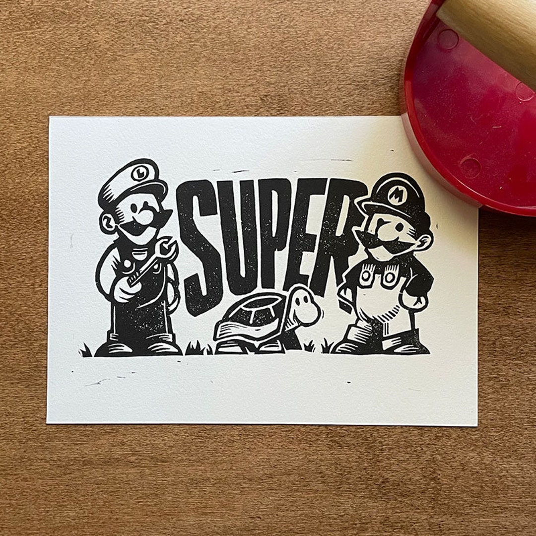 Super Bros Linocut Print | Handmade Video Game Art | 5x7 Inch Original ...