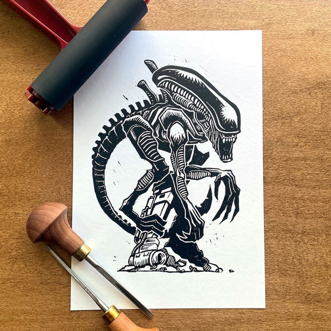 Xenomorph Linocut Print | Handmade Alien Print | 6x9 Inch Original Art ...
