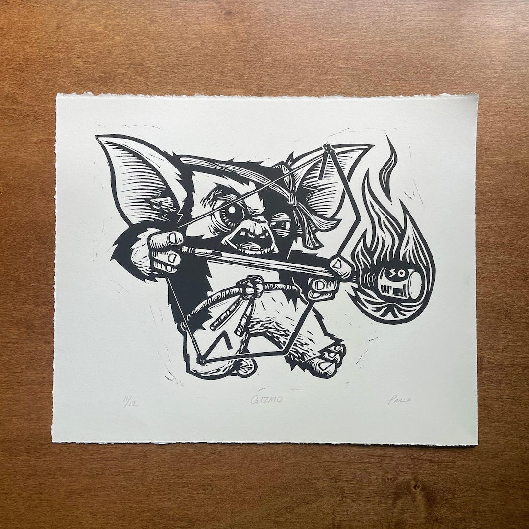 Gremlins Art for Man Cave | Linocut Gizmo Print | 12x10 Inch Mogwai ...