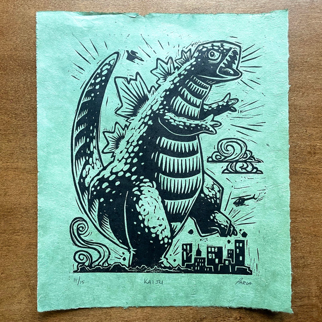 Art for Man Cave Kaiju Linocut Print Handmade Giant Lizard Print 10x12 ...