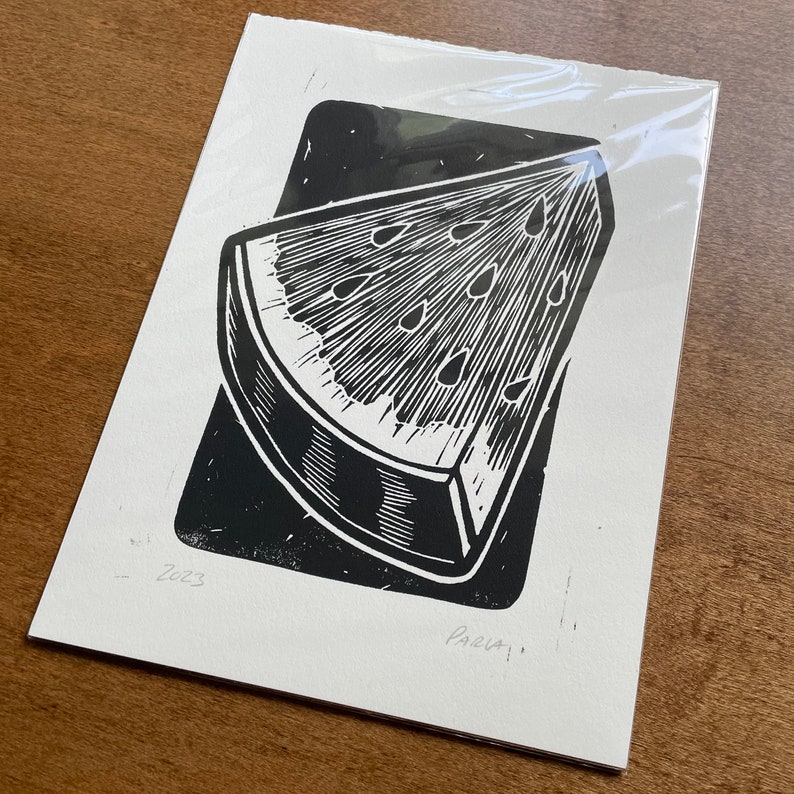 Watermelon Linocut Print | Handmade Fruit Art | 6x9 Inch Original Print ...