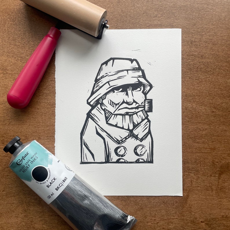 Wooden Fisherman Linocut Print | Handmade Whaler Art | 6x9 Inch ...