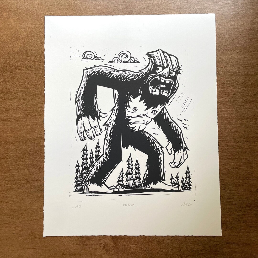 Bigfoot Linocut Print | Handmade Sasquatch Print | 11x14 Inch Original ...