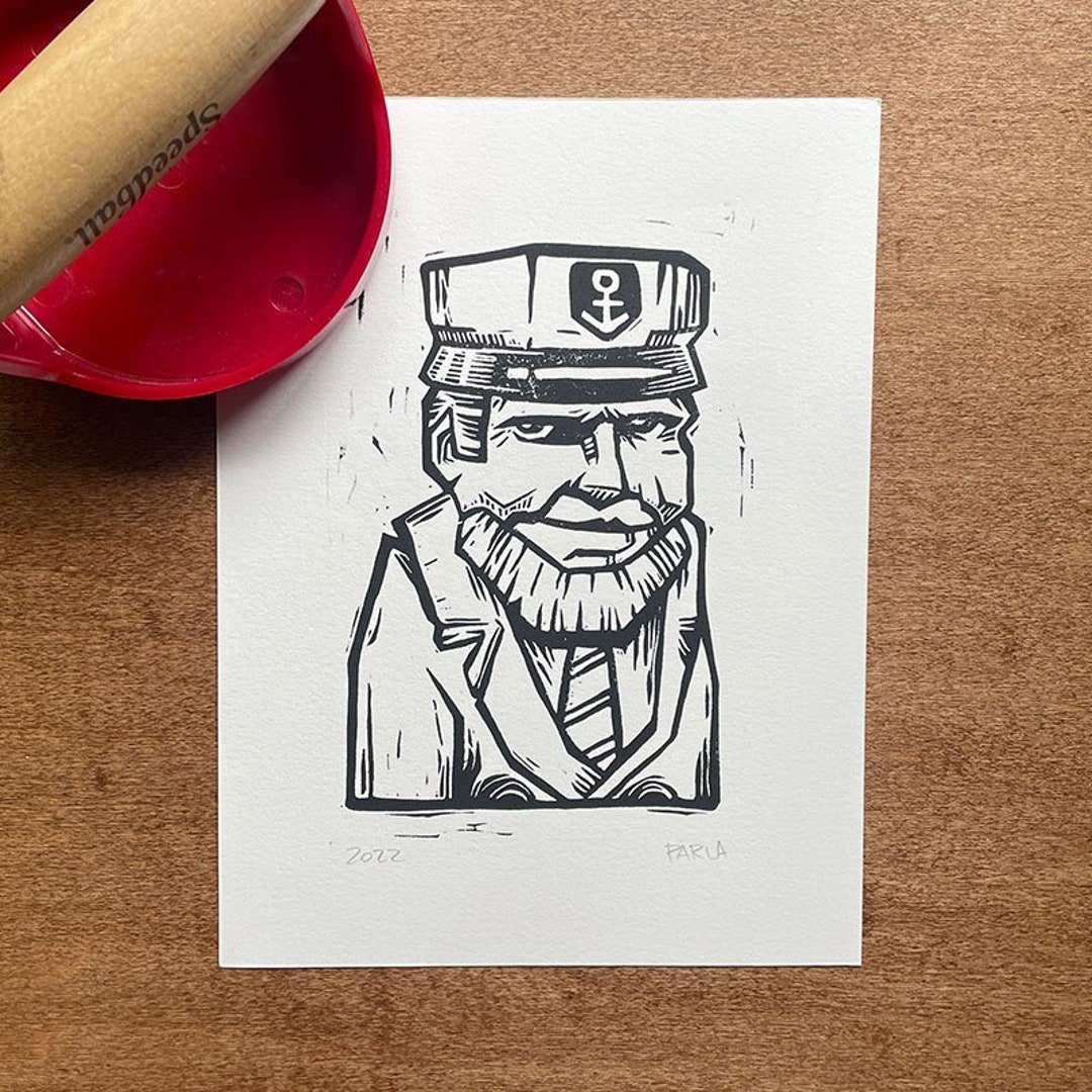 Wooden Captain Linocut Print | Handmade Sea Captain Art | 6x9 Inch Old ...