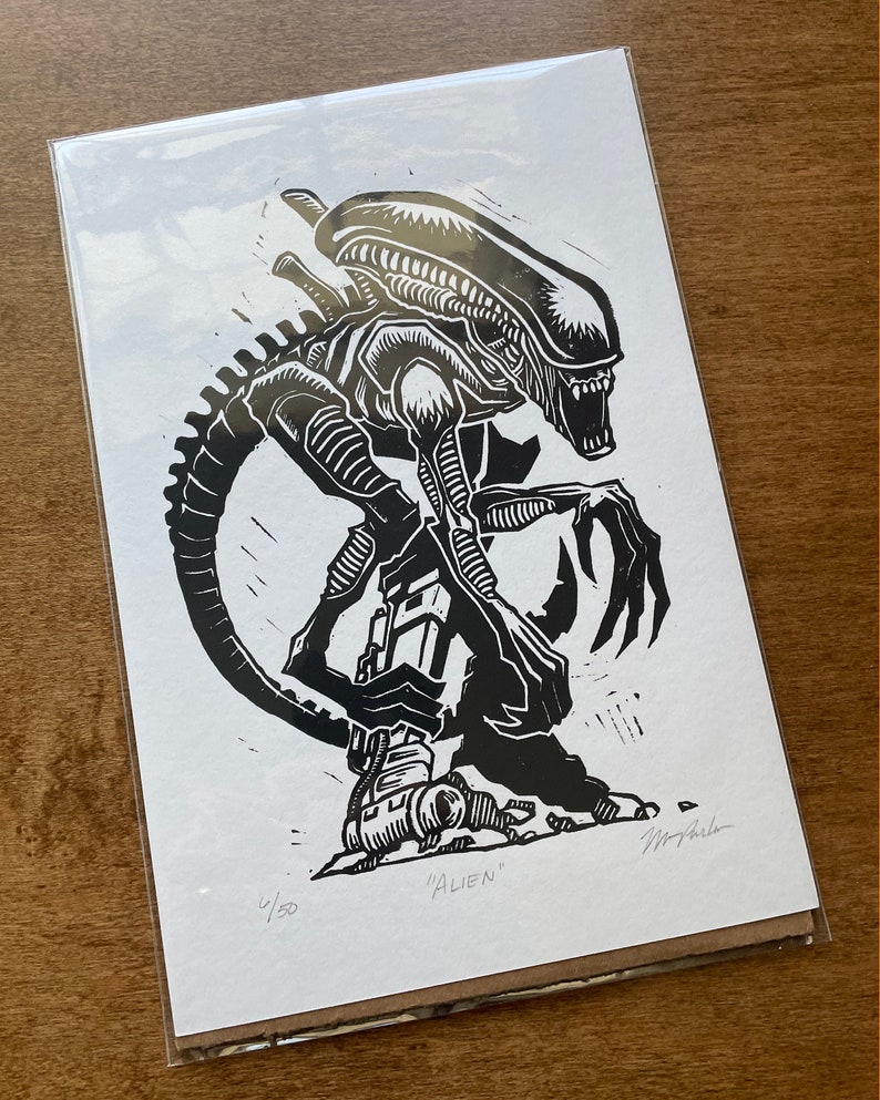 Xenomorph Linocut Print Handmade Alien Print 6x9 Inch Original Art - Etsy