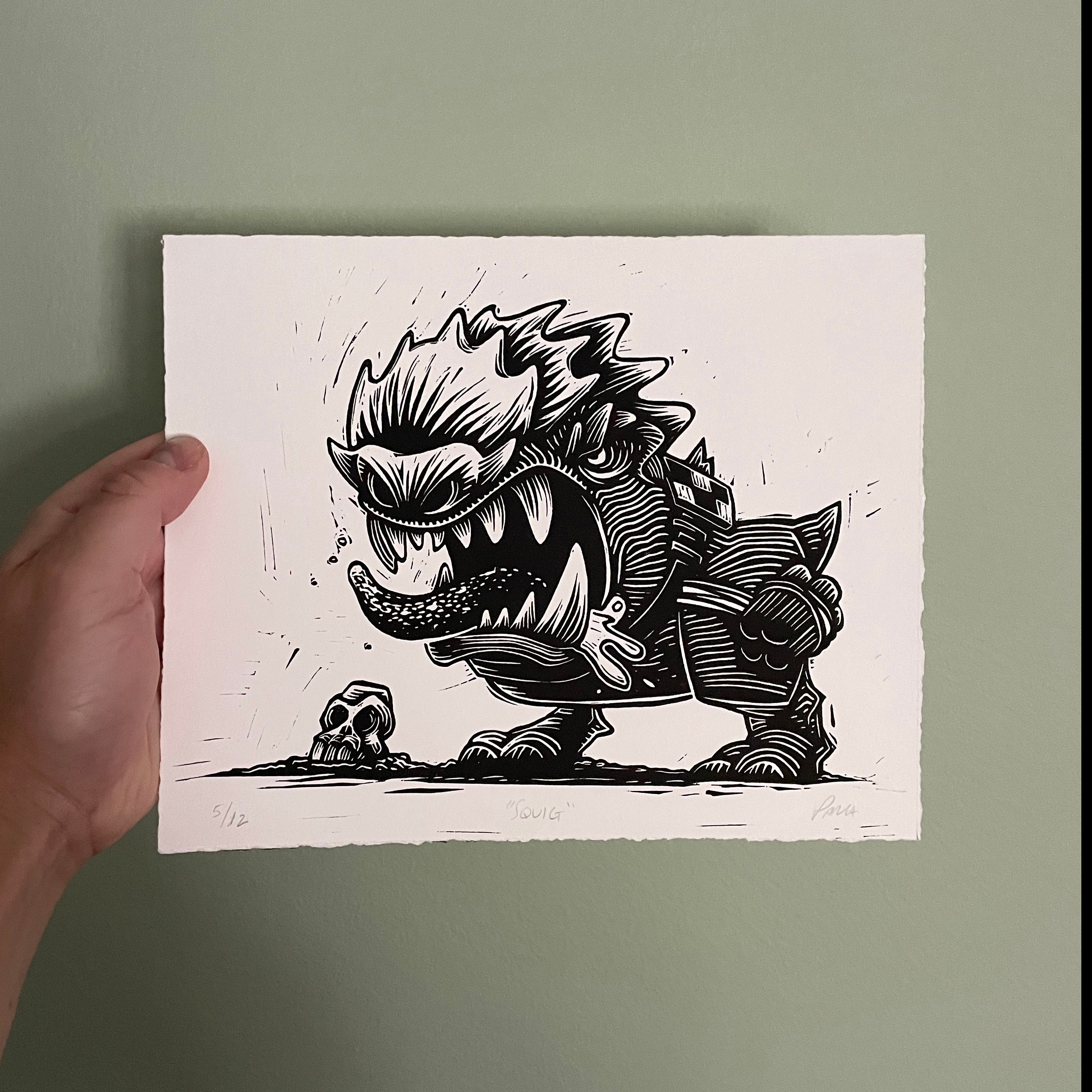 Squig Linocut Print | Handmade Monster Print | 8x10 Inch Original Art ...