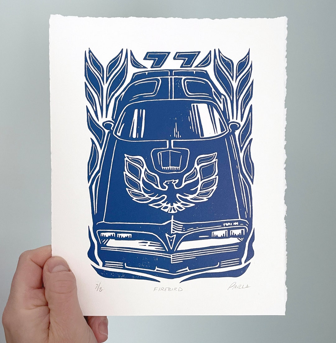 77 Firebird Linocut Print | Handmade Classic Car Print | 8x10 Inch ...