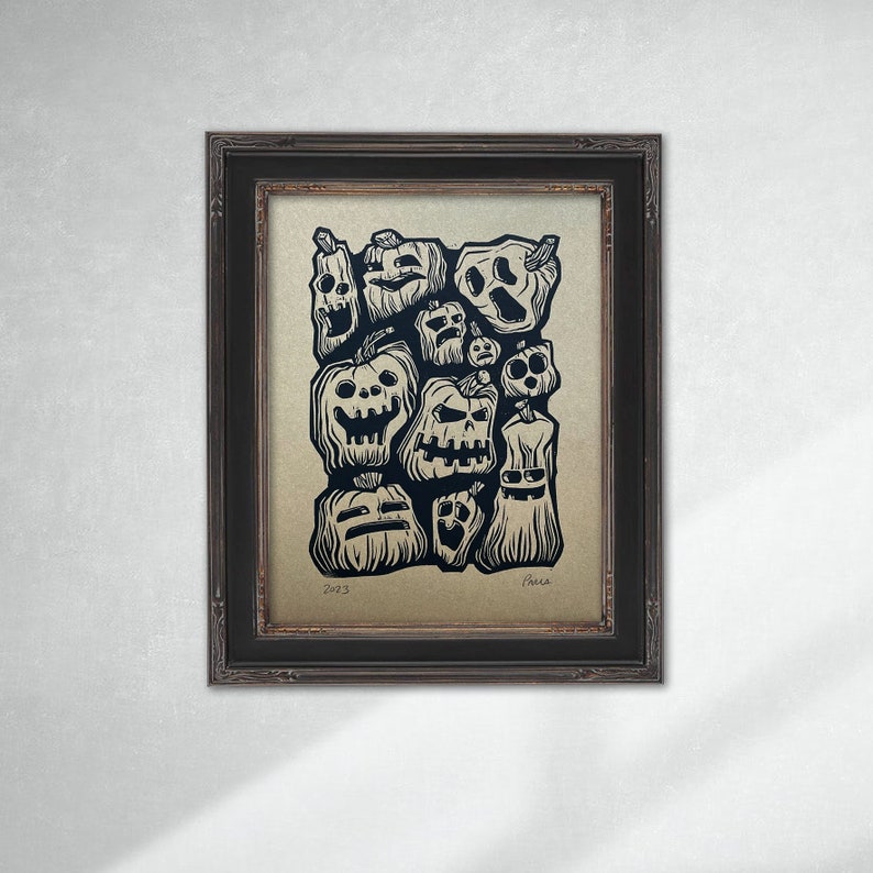 Pumpkins Linocut Print | Handmade Halloween Print | 8x10 Inch Original ...