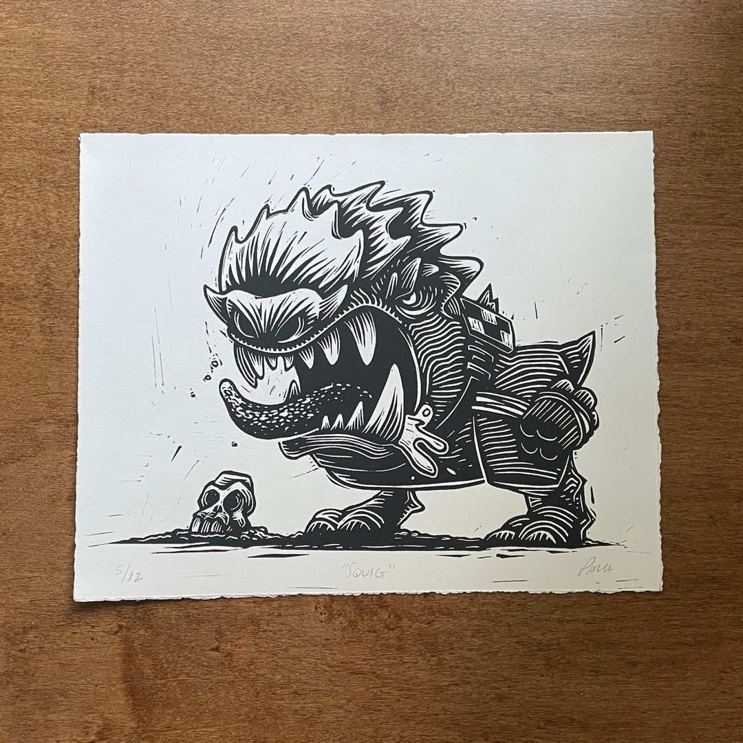 Squig Linocut Print | Handmade Monster Print | 8x10 Inch Original Art ...