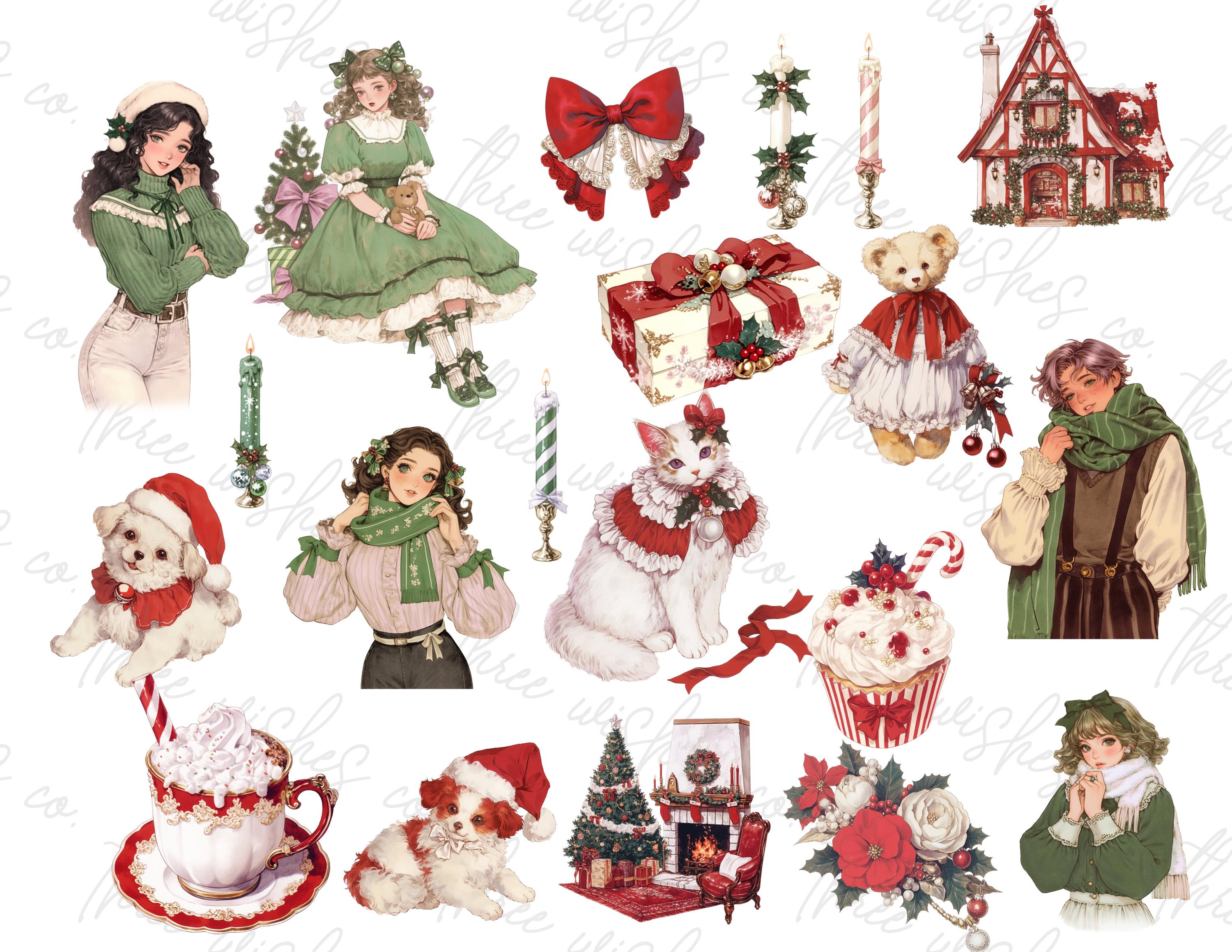 Vintage Christmas Clipart Bundle, Watercolor PNG Graphics (commercial ...
