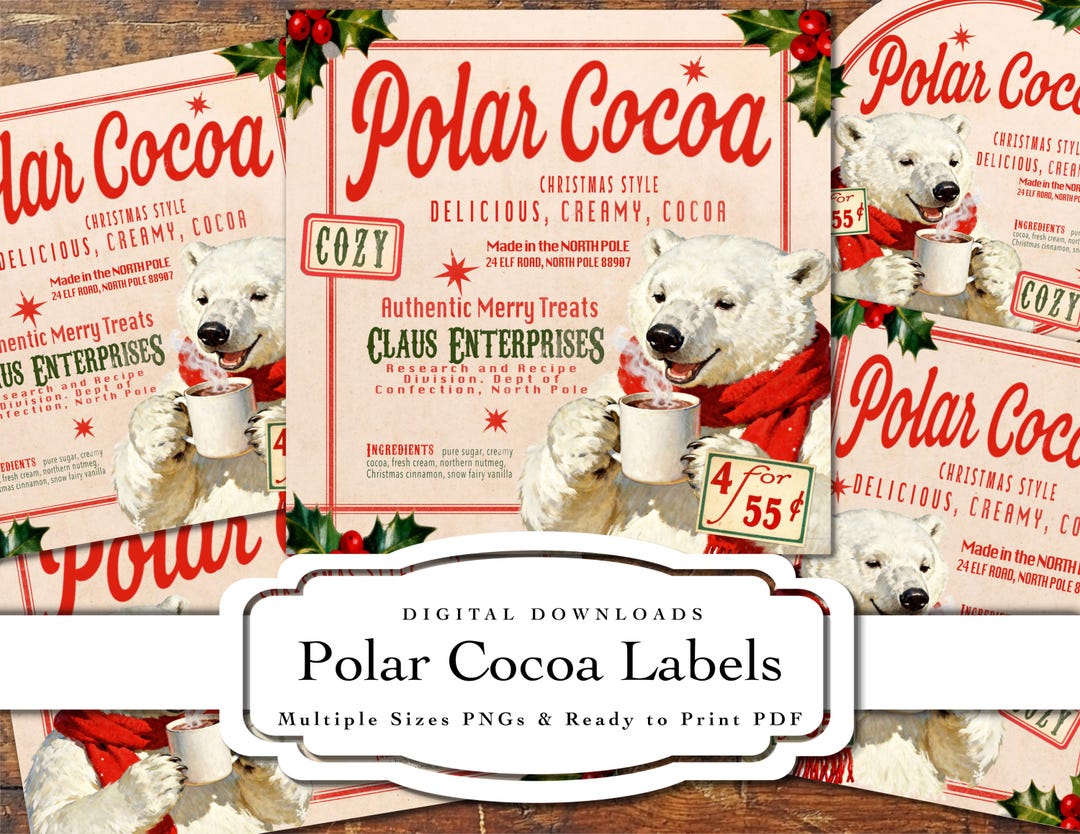 Polar Cocoa Christmas Vintage Label in Multiple Sizes and Ratios Hot ...