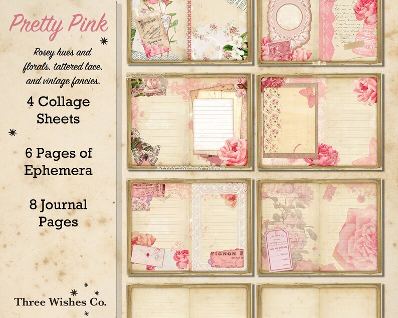 Pink Junk Journal Kit Printable Rose Collage Scrapbooking - Etsy