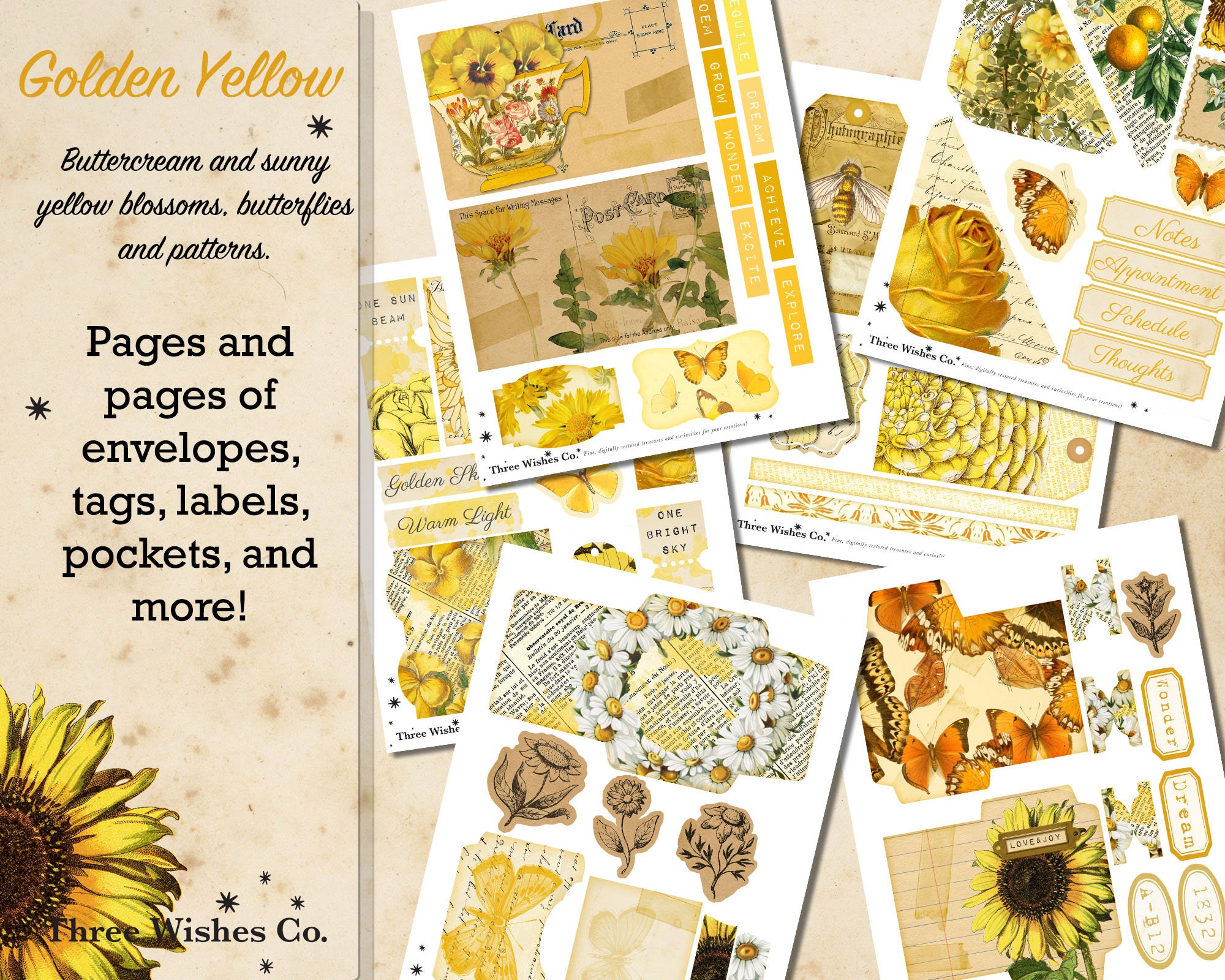 Yellow Junk Journal Sampler Printable Sunflowers Collage | Etsy