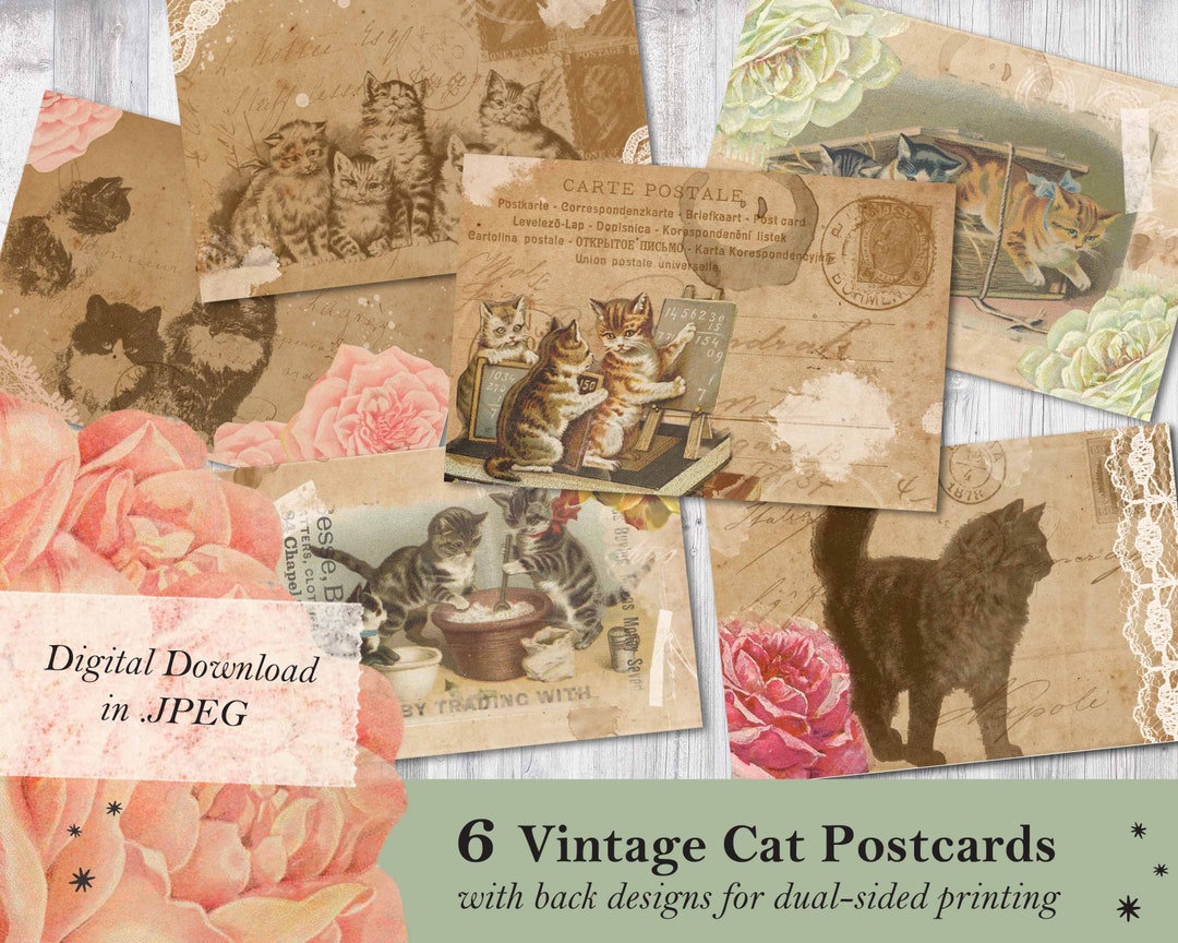 Vintage Cat Postcards, Junk Journal Cat, Shabby Chic, Digital Collage ...