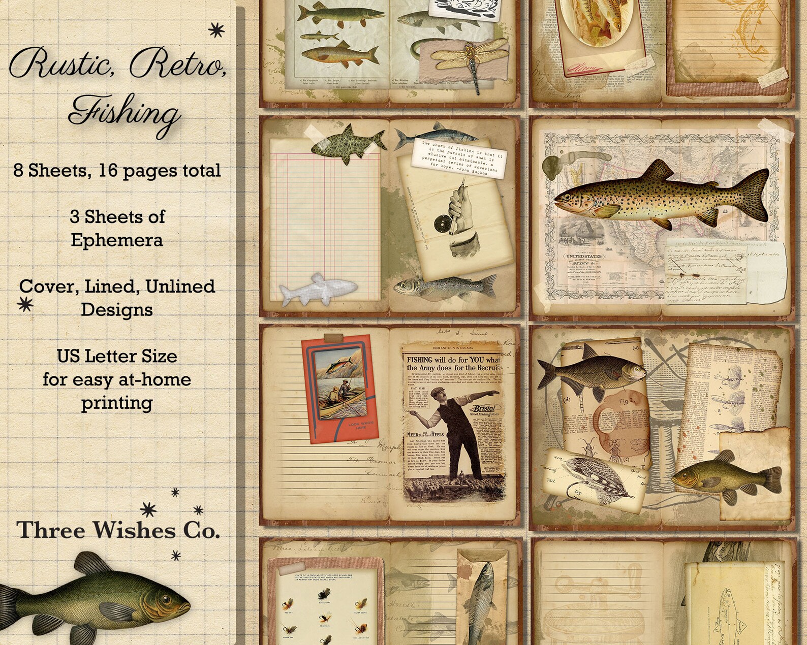 Vintage Fishing Junk Journal Kit, Printable Ephemera (digital Download ...