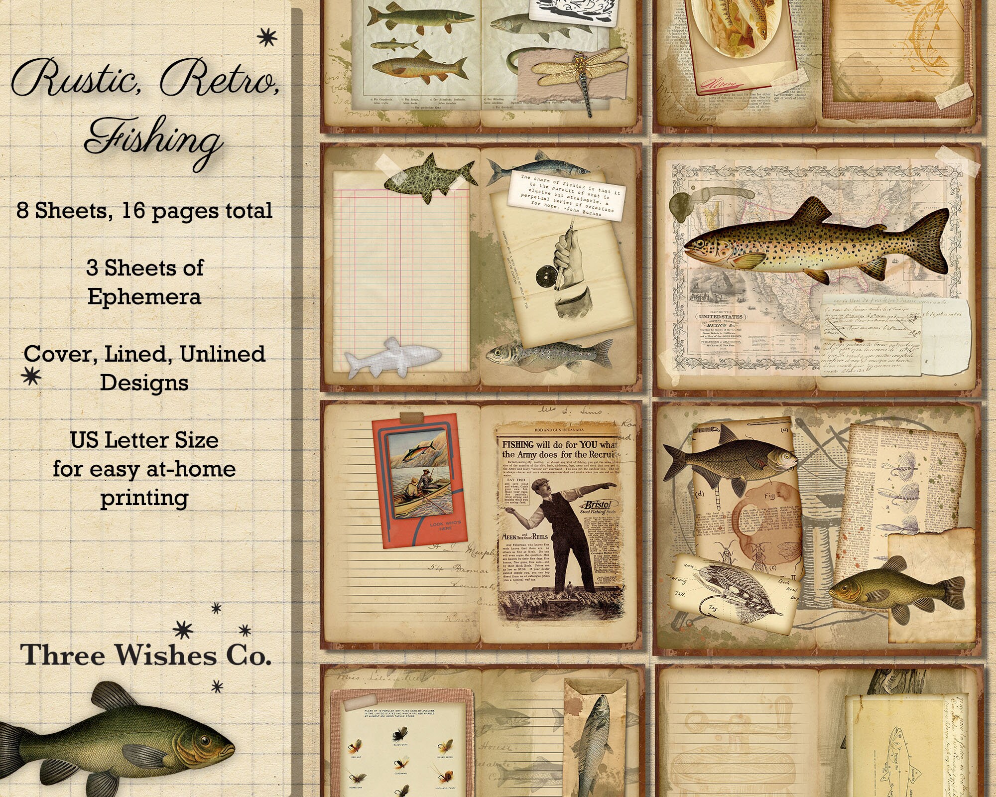 Vintage Fishing Junk Journal Kit, Printable Ephemera (digital Download ...