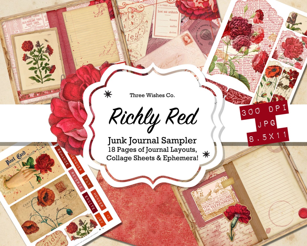 Red Junk Journal Sampler, Collage Bundle, Roses, Collage, Starter Kit ...