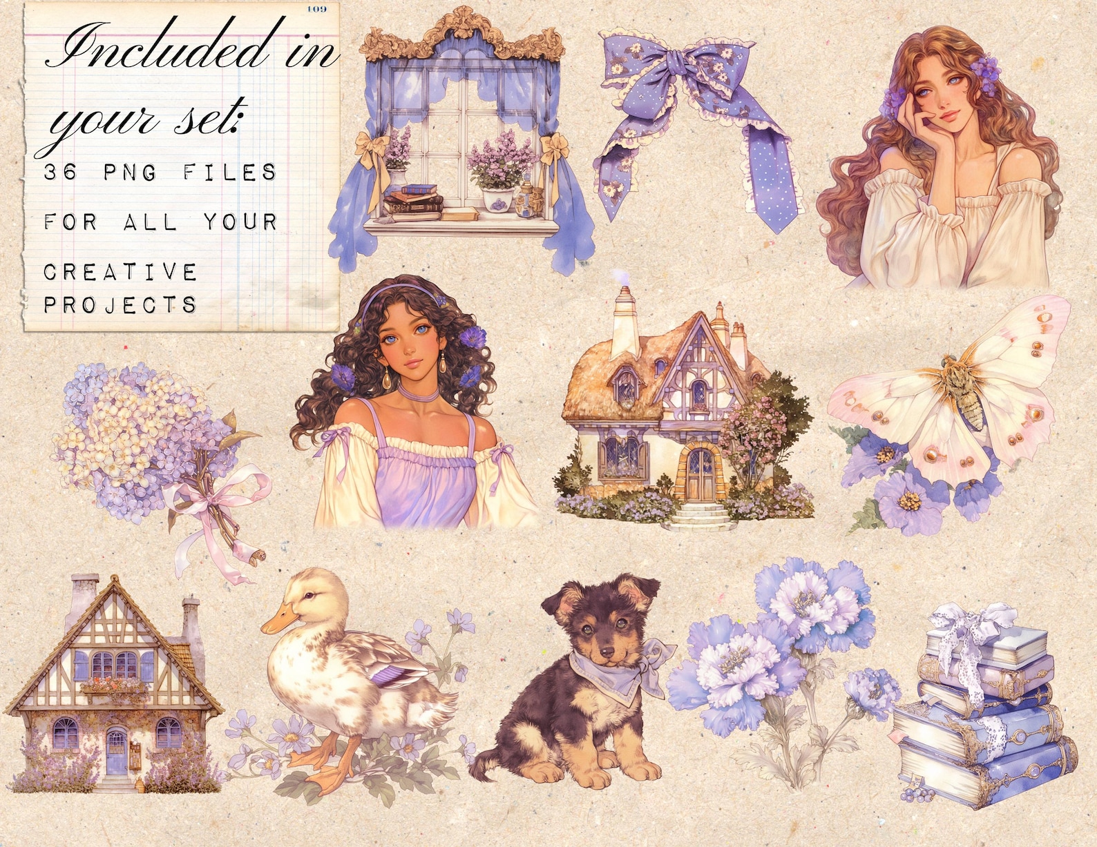 Purple Cottagecore Clipart PNG Bundle, Lilac Floral Illustrations ...