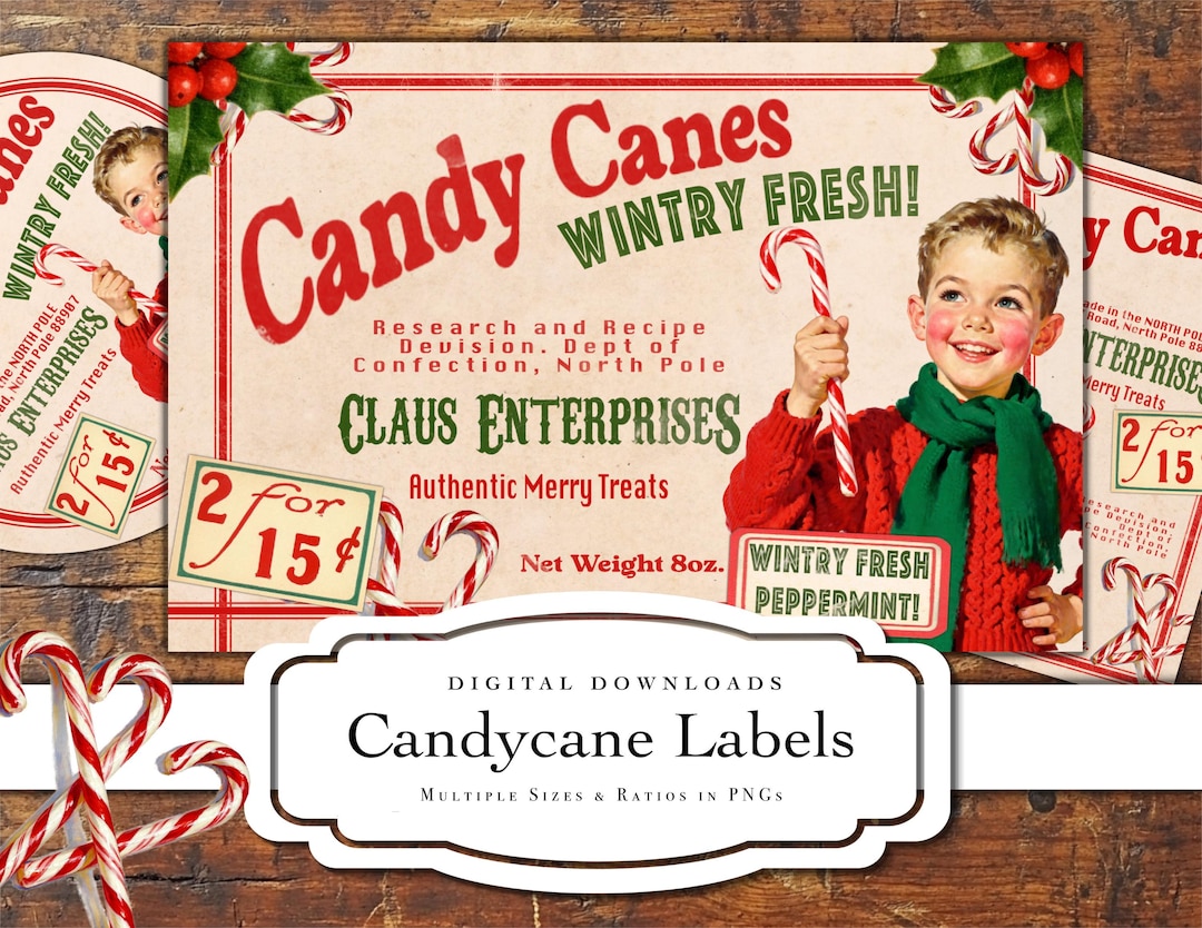 Candy Cane Christmas Vintage Candy Label in Multiple Sizes and Ratios ...