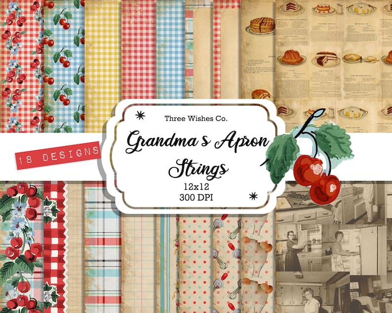Farmhouse Recipe Scrapbook Paper, Retro Kitchen Ephemera (digital ...