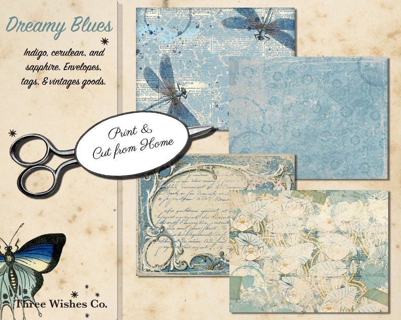 Blue Junk Journal Kit, Vintage Ephemera, Collage Papers (digital ...