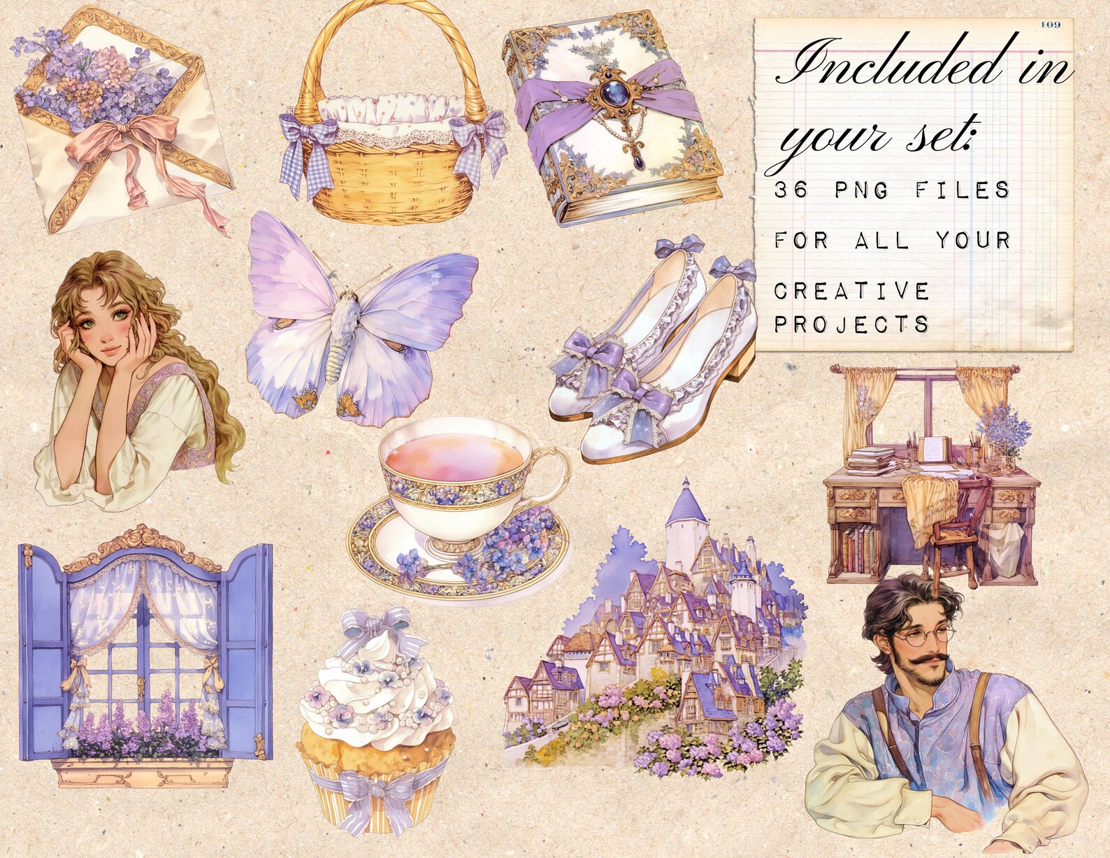 Purple Cottagecore Clipart PNG Bundle, Lilac Floral Illustrations ...