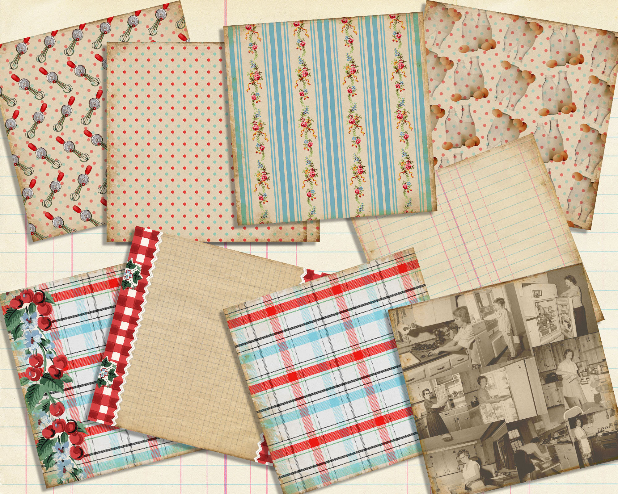 Farmhouse Recipe Scrapbook Paper, Retro Kitchen Ephemera (digital ...